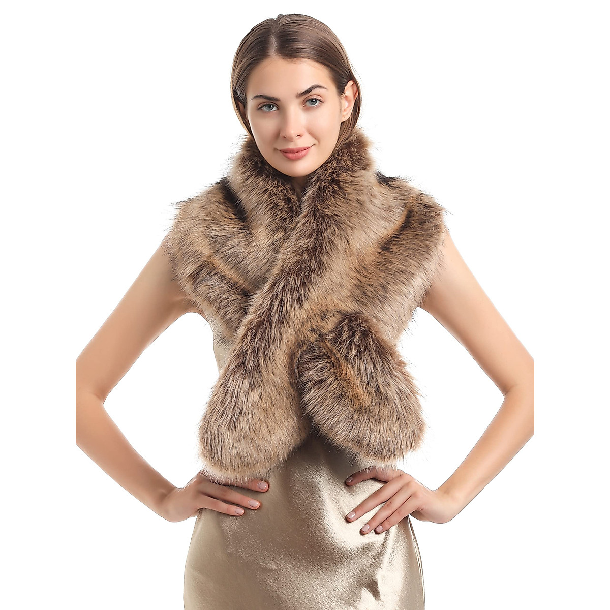 LA CARRIE Women's Faux Fur Collar Scarf Wrap Shawl Cold Winter Warmer(Raccoon,120cm,47.2in)