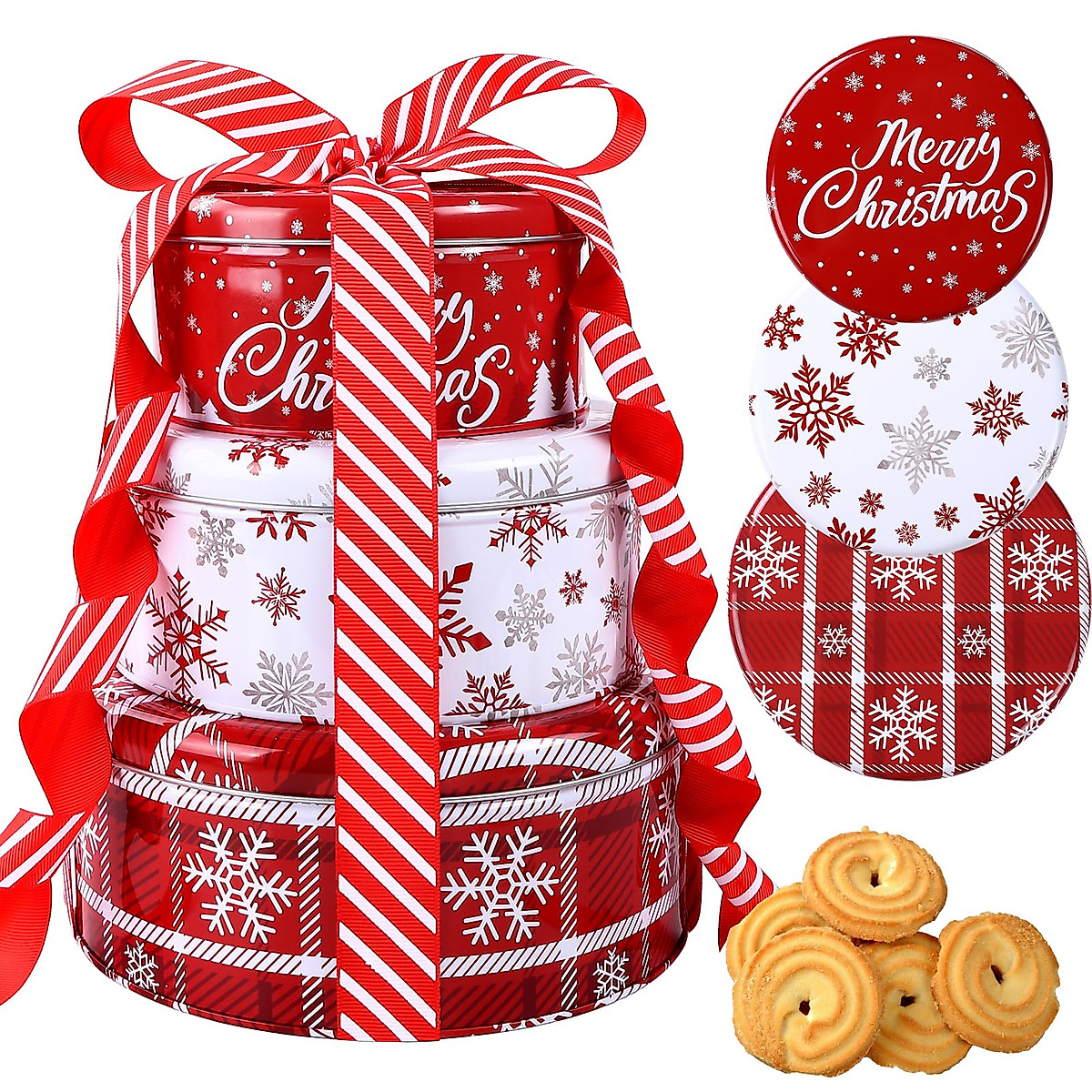 DIYDEC 3 Pack Christmas Cookie Tins with Lids Round Christmas Tin Containers with Gift Ribbon Large Medium Small Xmas Metal Nesting Containers Festive Cookie Tins for Gift Giving Holiday Treats