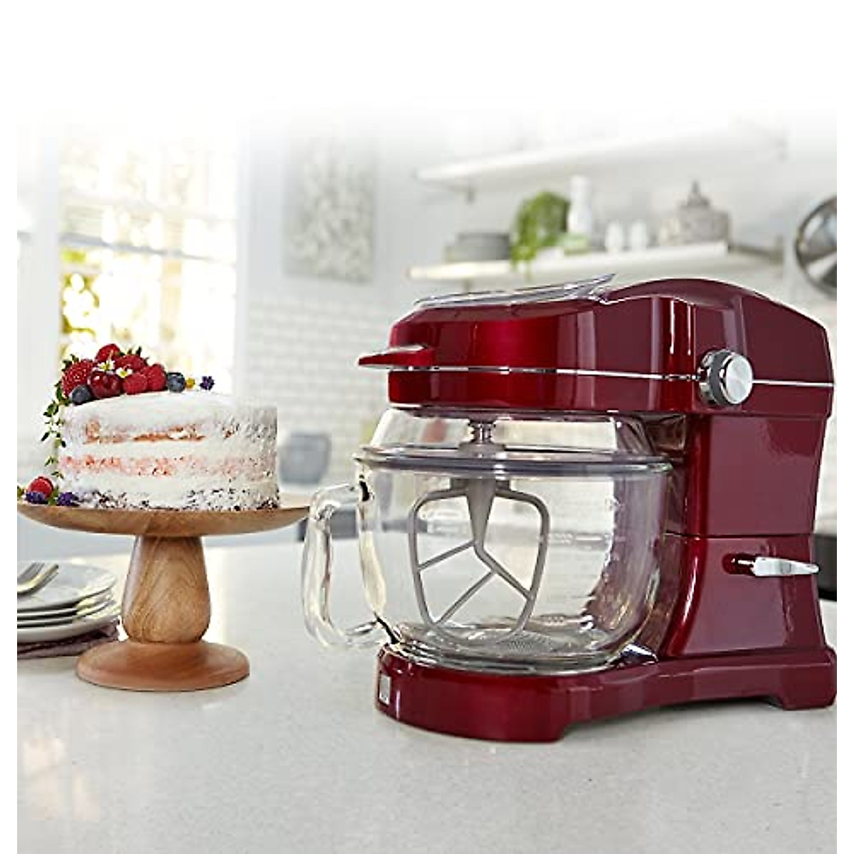 Kenmore Elite Ovation Electric Stand Mixer 5 Qt 500 Watt 10-Speed Motor Revolutionary Pour-In Top Tilt Head Beater Whisk Dough Hook Planetary Mixing 360-Degree Splash Guard Glass Bowl with Lid, Red