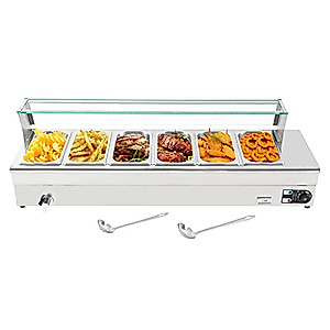 Countertop Food Warmer Stainless Steel Buffet Pan Soup Warmer with Glass Cover Electric Food Steam Table Server Table for Catering Restaurants Parties, 6 Pans,1.2kW,110V (Style 1)