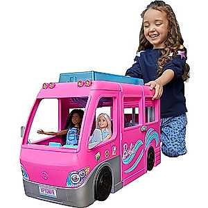 Barbie Camper Playset, Dreamcamper Toy Vehicle with 60 Accessories Including Furniture, Pool and 30-Inch Slide