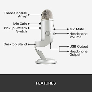 Blue Yeti USB Mic for Recording & Streaming on PC and Mac, 3 Condenser Capsules, 4 Pickup Patterns, Headphone Output and Volume Control, Mic Gain Control, Adjustable Stand - Silver (Renewed)