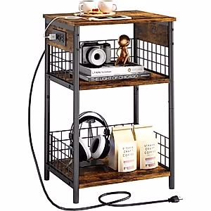 LDTTCUK Side Table with Charging Station & USB Ports,3-Tier End Table for Living Room,Study,Bedroom,Narrow Sofa Table Bedside Table with Storage Shelf,Small Nightstand,Rustic Brown