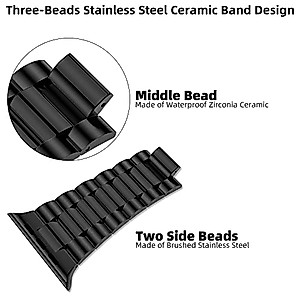 iiteeology Compatible with Apple Watch Band Ceramic 49/45/44/42mm, Stainless Steel Wristband Replacement Band for iWatch Ultra Series SE 8/7/6/5//4/3/2/1, Black+Black