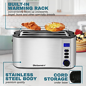 Elite Gourmet ECT2428 Extra Wide 1.25” Slot 2-Slice Toaster, Cancel, Defrost and Bagel Functions, 6 Toast Settings, Slide-Out Crumb Tray, Stainless Steel