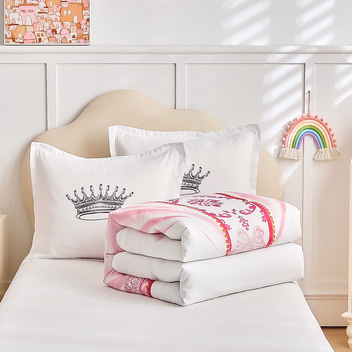 Girls Bed Comforter Set Twin Size 3PC Pink and White Princess Bedding Set with Cute Luxurious Dress Pattern on Comforter and Princess Crown Print on Pillow Shams