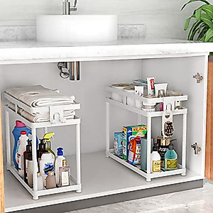 FLE Under Sink Organizer, 2 Tier Metal Under Bathroom Sink Storage Baskets with Hooks, Self Adhesive White Under Sink Shelf Organizer for Bathroom Kitchen
