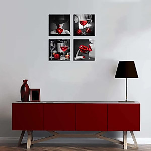 Adbykgto Red Rose Wine Glasses Wall Art Canvas Decor 12x12 4 Pieces Framed for Bedroom Decor Modern Red and Black Rose Women with Hat Painting Kitchen Pictures Home Decor