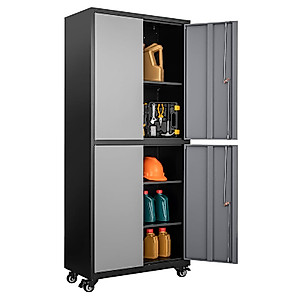Fesbos Metal Storage Cabinet-Heavy Duty Tool Cabinet Multifunctional Garage Storage Cabinet with Adjustable Shelves&Lockable Doors, Pegboard and Accessories-Black&Gray