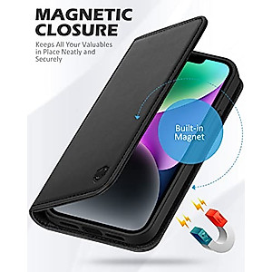 SHIELDON Case for iPhone 14 6.1" 5G, Genuine Leather iPhone 14 Wallet Folio Case [Magnetic Closure] [RFID Blocking Card Slots] [Kickstand] Full Protection Case Compatible with iPhone 14 2022 - Black