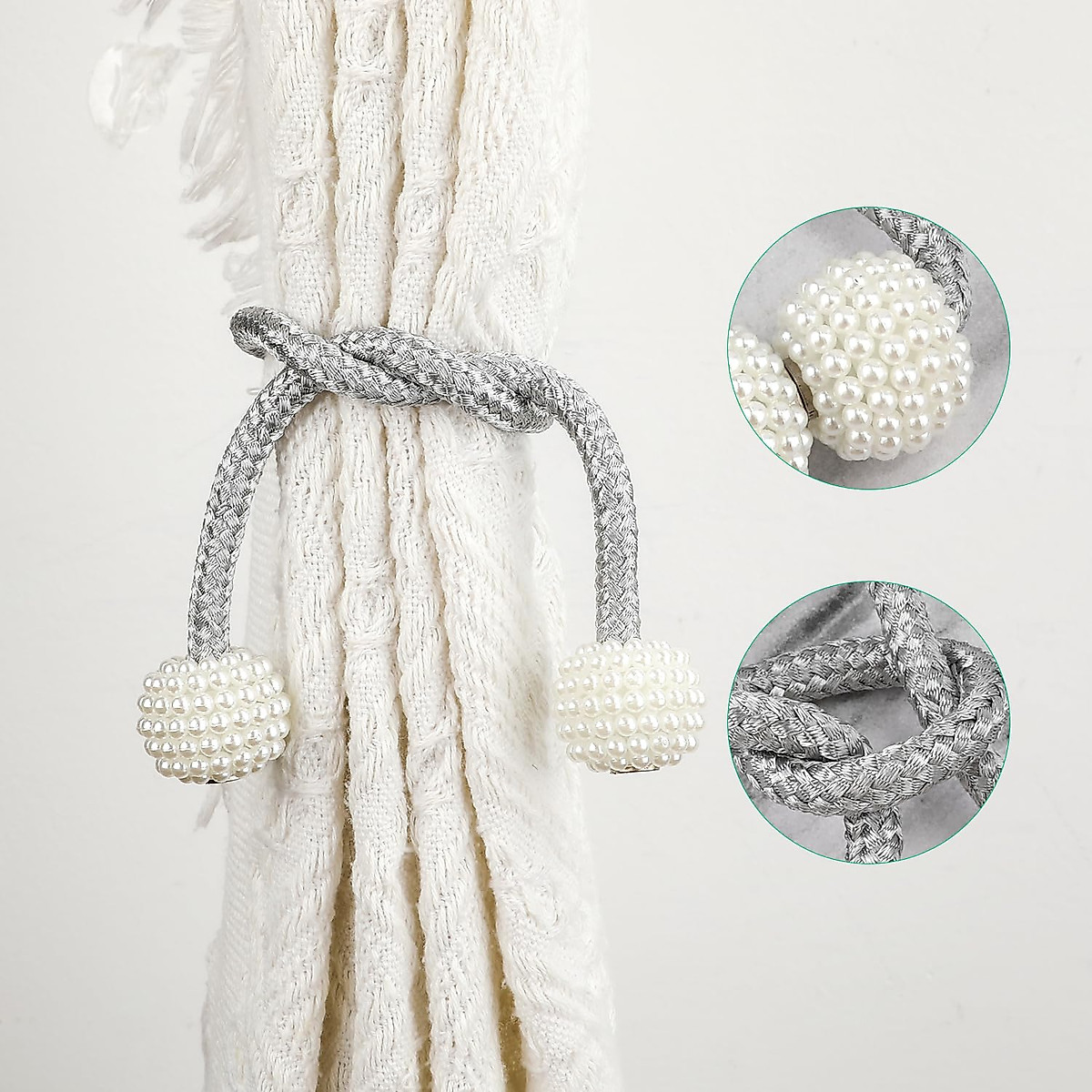 8pcs Magnetic Curtain Ties, Pearl Curtain Ties Decorative Rope Curtain Holder Holdbacks for Drapes Modern Curtain Holdbacks for Home Office Hotel Window Decorative(Grey)