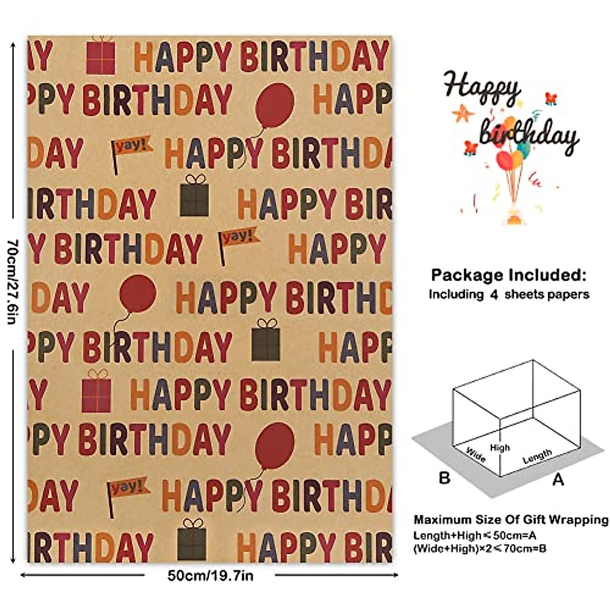 Geluode Birthday Wrapping Paper,4 Sheets Happy Birthday Gift Wrap, Brown Kraft Gift Wrapping Paper 20x28 Inches For Boys Girls Kids Birthday Baby Shower Wedding