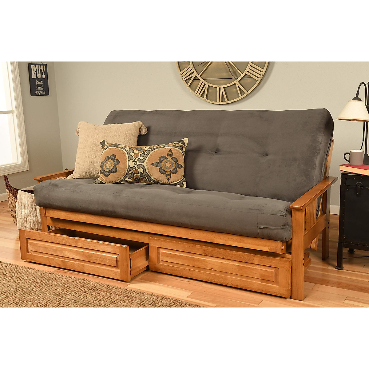 St Paul Furniture Eldorado Wood Futon and Mattress Set w/ 8 Inch Coil Mattress Sofa Best Bed Choice to Add Drawer Set (Slate Matt, Frame and Drawers)