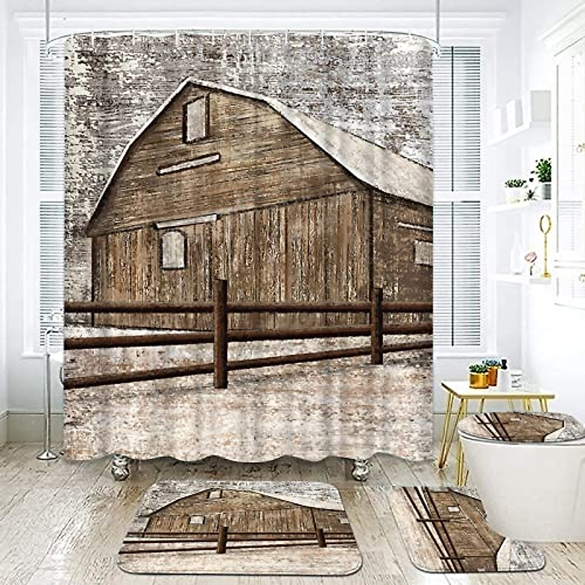 SiMiWOW Rustic Farmhouse Barn Shower Curtain Set with Bath Mat Bath Rugs Bathroom Decor Set of 4 Pieces