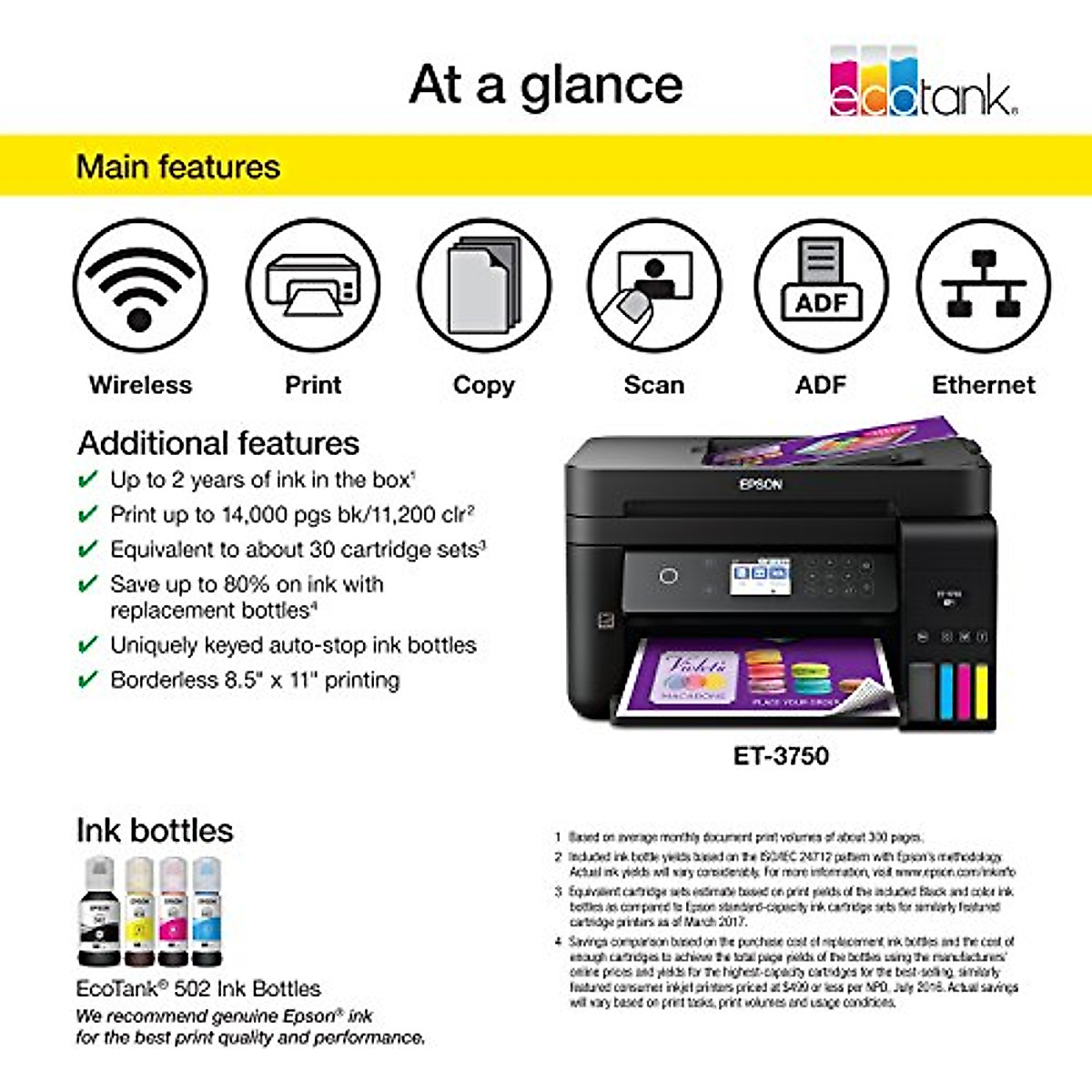 Epson WorkForce ET-3750 EcoTank Wireless Color All-in-One Supertank Printer with Scanner, Copier and Ethernet