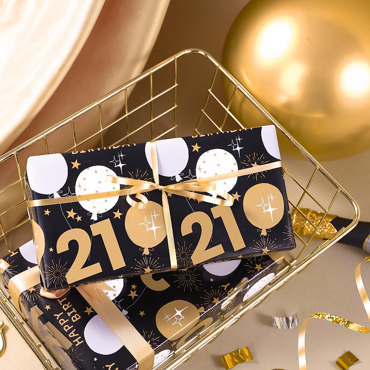 WRAPAHOLIC 21st Birthday Wrapping Paper - Mini Roll - 17 Inch x 33 Feet - Black Gold Balloon Design for Birthday, Party, Holiday