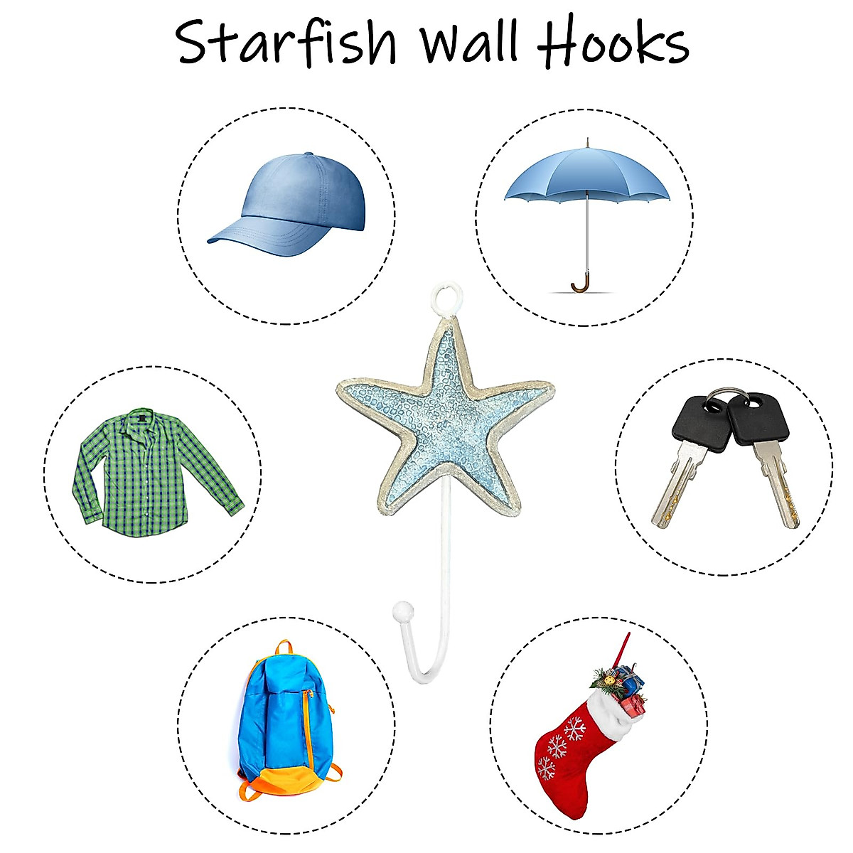 MShengM Set of 4 Starfish Decorative Wall Hooks,White Starfish Decor Hooks,Beach Coastal Wall Hooks,Beach Ocean Home Coastal Bathroom Hook for Clothes,Aprons,Towels,Hats