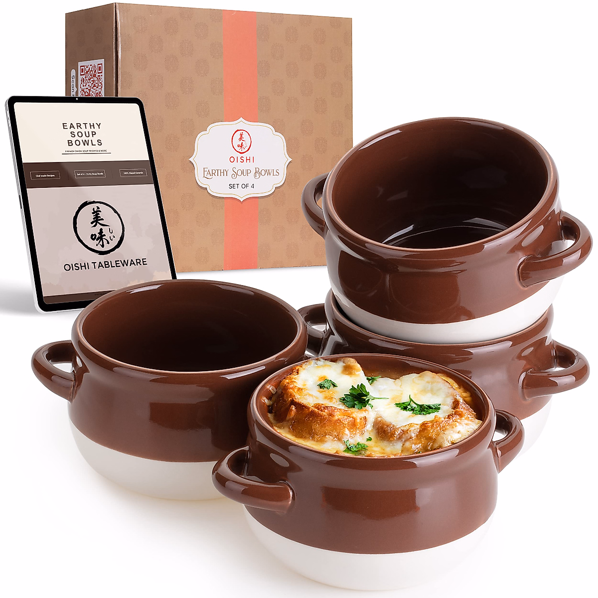 French Onion Soup Crocks Oven Safe - French Onion Soup Bowls- Set of 4 (16 Oz) Oven, Broiler, Microwave & Dishwasher Safe Glazed Ceramic Soup Bowls with Handles. Digital Recipe book included- Oishi