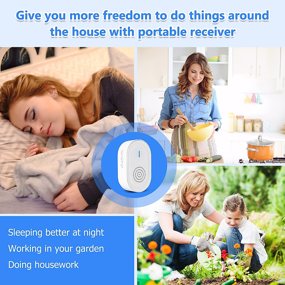 CallToU Portable Bed Alarm Caregiver Pager and Fall Prevention for Elderly Monitoring Dementia Patients Seniors Home, 2 Receiver 2 Magnetic Motion Detectors
