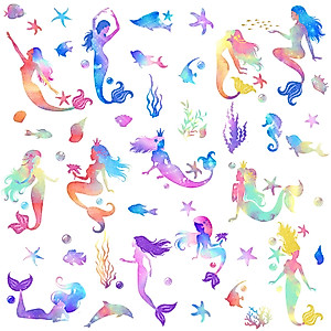 4 Sheets Mermaid Wall Decals Mermaid Wall Stickers Colorful Gouache Mermaid Decal for Girls Kids Bedroom Nursery Classroom Birthday Party Peel and Stick Wall Decals
