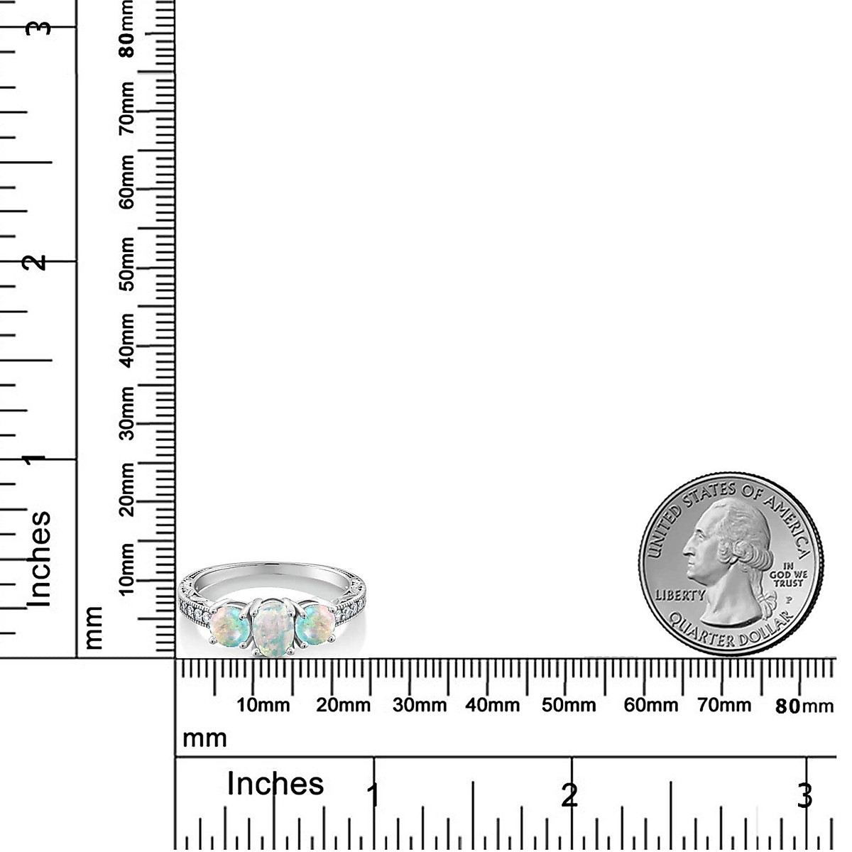 Gem Stone King 10K White Gold White Opal and White Lab Grown Diamond 3 Stone Engagement Ring For Women (2.04 Cttw, Oval Cabochon Gemstone October Birthstone, Available in size 5, 6, 7, 8, 9)