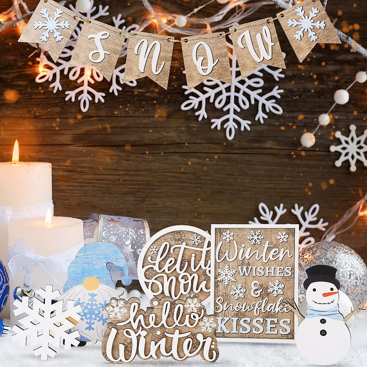 Qunclay Christmas Winter Tiered Tray Decor Wooden Signs Snowman Snowflake Wood Blocks Winter Farm Directional Sign Rustic Tabletop Signs Farmhouse Tiered Tray Decorations(Snowman Style, 12 Pcs)