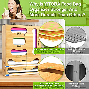 YITOBA Thicker Bag Storage Organizer, Bamboo Baggie Organizer with Aluminum Foil Dispenser, Foil and Plastic Wrap Organizer with Cutter, 6 in 1 Sandwich Bag Organizer for Drawer Kitchen