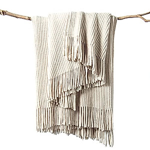 lifein White Throw Blanket for Couch - Soft Knitted Farmhouse Chenille Boho Throw,Cozy Knit Small Lightweight Blanket&Throws with Tassels for Home Decor,Bed,Chair,Sofa,Spring(Cream/White,50 * 60in)
