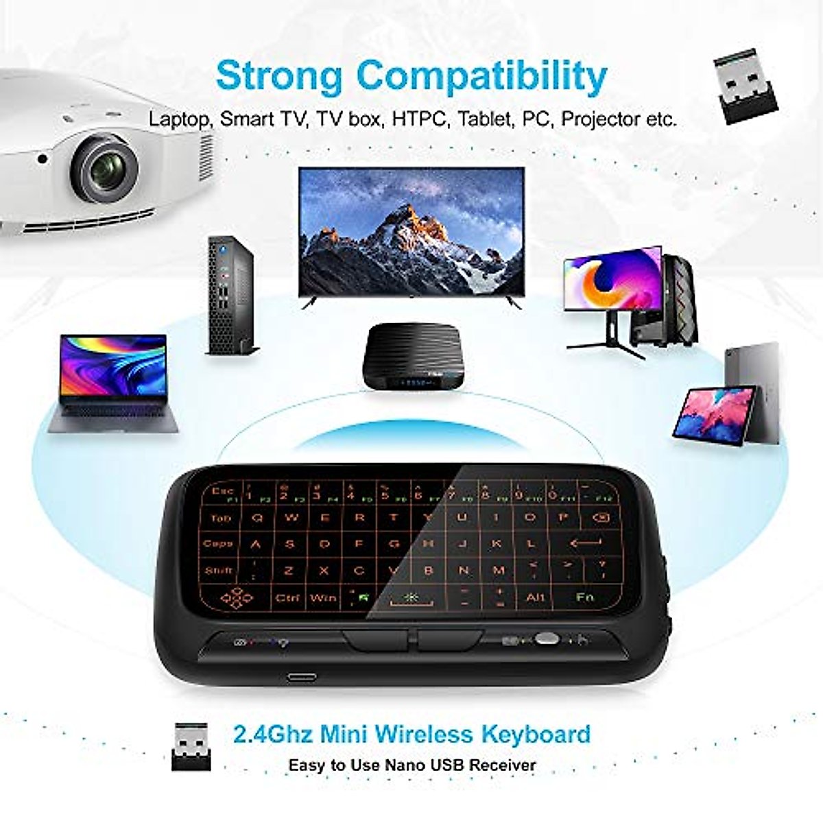 ILEBYGO 2.4Ghz Mini Wireless Keyboard Touchpad Combo with 3 Level Backlit Rechargeable Full Screen Remote Control for Android TV Box, Projector, IPTV, HTPC, PC, Laptop