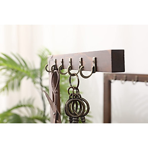 POKHDYE Wood Entryway Tabletop Key Holder Rack，Rustic Burnt Decorative Organizer with Storage Tray and Brass Tone Hooks，Jewelry Key Stand Hanging Organizer