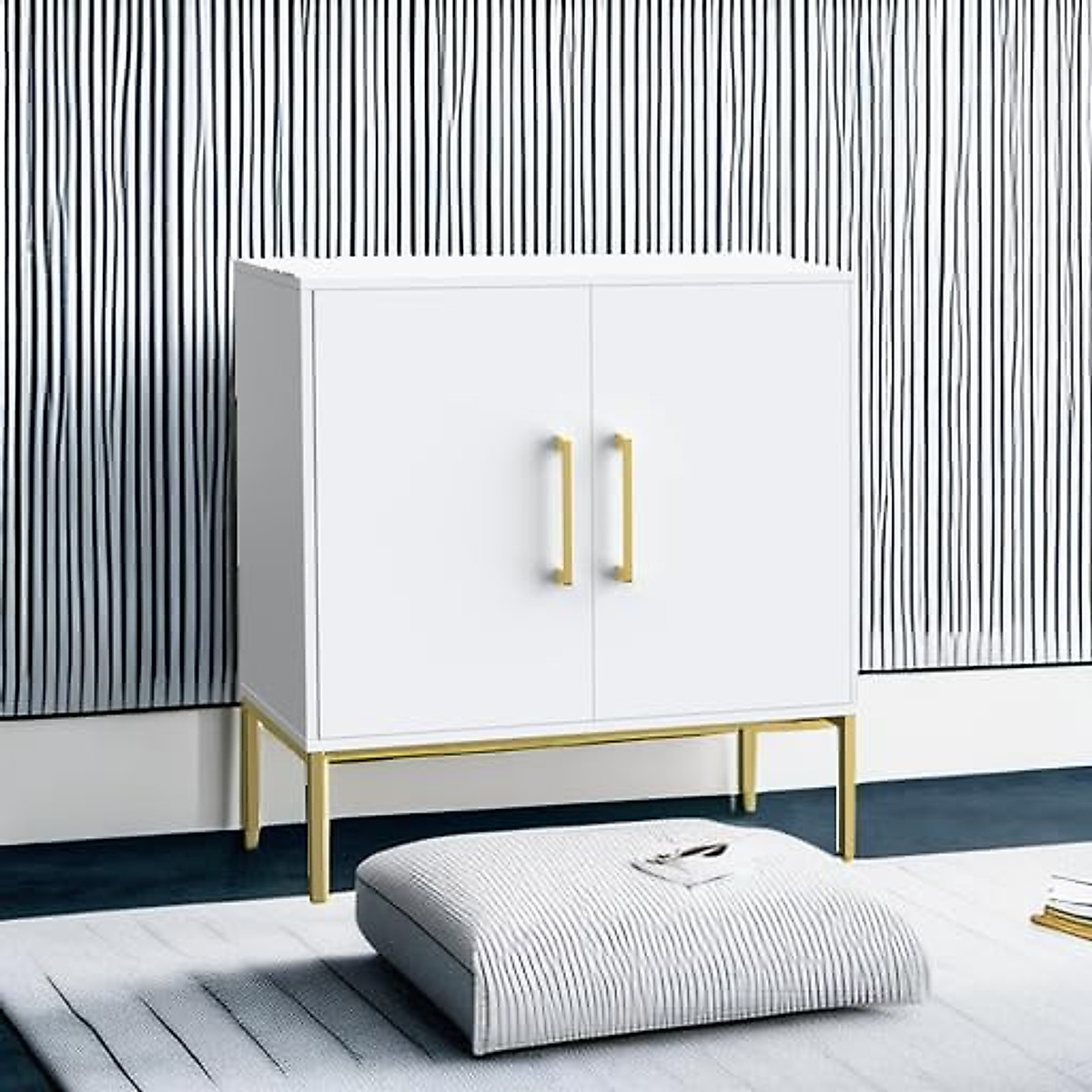 JOZZBY Buffet Sideboard Cabinet with Storage, Modern Wooden Free Standing Cabinet with Adjustable Shelves, White and Gold Cabinets for Living Room, Kitchen, Hallway