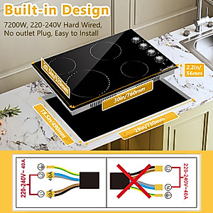 Cusinesync 30 Inch Electric Cooktop, 4 Burner Built-in Electric Stove Top with 9 Power Levels, Knob Control, Auto shutdown and Residual Heat Warning, 7200W, 220-240V for Hard Wire