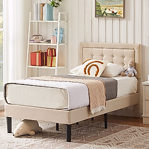 VECELO Twin Size Upholstered Bed Frame with Height Adjustable Fabric Headboard, Heavy-Duty Platform Bedframe/Mattress Foundation/Strong Wood Slat Support/No Box Spring Needed, BGE