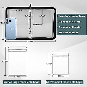 Travel Jewelry Organizer Transparent Jewelry Storage Book Set with Anti-oxidation Pocket Traveling Necklace Earring Organizer for Ring, Bracelets, Postcard (120 Grids +75 Thicken PVC Zipper Bags)