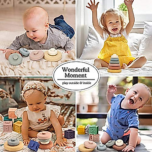 Mini Tudou 6 PCS Baby Stacking & Nesting Toys, Soft Stacking Blocks Ring Stacker, Baby Sensory Teether Toys with Letter, Animal and Shape, Early Learning Toys for Babies Toddlers Kids 6 Months
