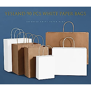 Yesland 90 Pcs White Paper Bags with Handles Bulk - 3 Sizes White Gift Bags and Kraft Paper Gift Bags - Paper Shopping Bags and Craft Bags for Shopping Packaging Retail Party Wedding, 10 x 4.7 x13 In