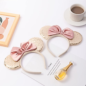 ZYTJ 2 Pcs Mouse Ears Headbands,Shiny Bows Mouse Ears Headbands for Birthday Parties, Themed Events, A Perfect Addition to Your Trip Essentials and Accessories for Women Neutral-pinkbow
