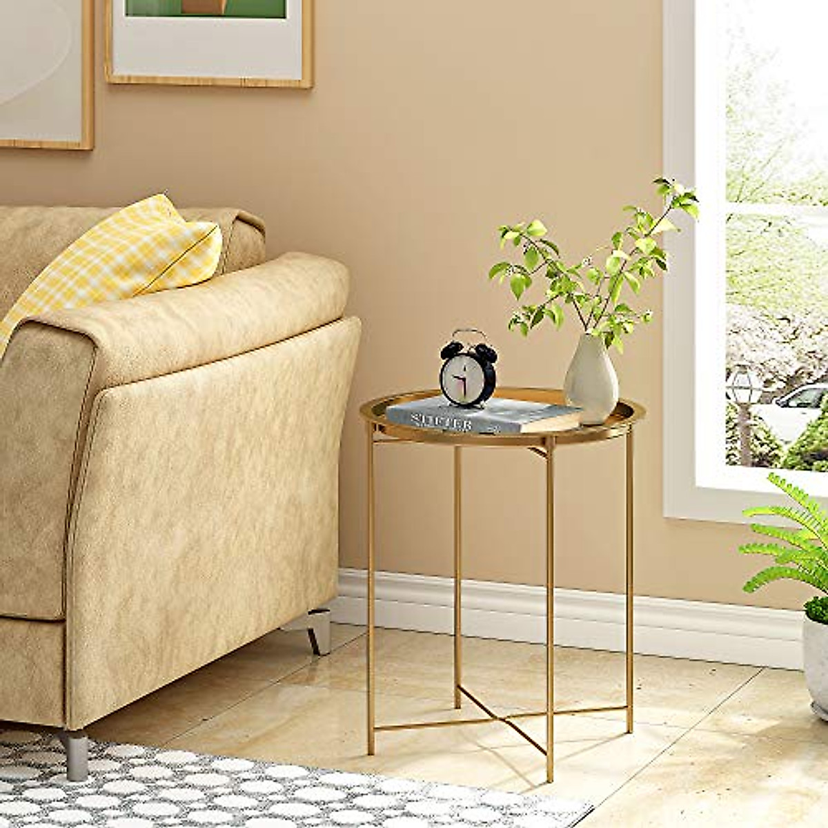 HOME BI Small Round End Table, Accent Side Table Nightstand with Removable Tray Top for Living Room Bedroom, Folding Mini Coffee Table, All Metal Frame, No Assembly Required, Gold