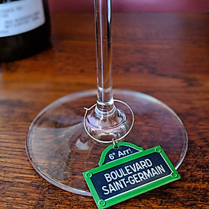 Wine Charms -"Paris Street Sign" theme, wine decor, wine gifts, wine accessories. Unique gifts, Paris decor for entertaining, favors, party, under $15 (6 piece set)