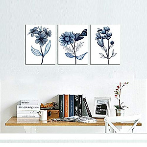 sechars 3 Piece Canvas Wall Art Navy Flower Painting Art Prints Blue Floral With Butterfly Picture Artwork Modern Bedroom Bathroom Wall Decor Framed Ready to Hang Each Panel 12x16 Inches