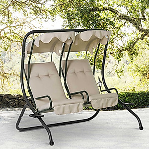 Outsunny Patio Swing Chair with 2 Separate Seats, Outdoor Swing Glider with Removable Canopy and Cup Holders, for Porch, Garden, Poolside, Backyard, Beige