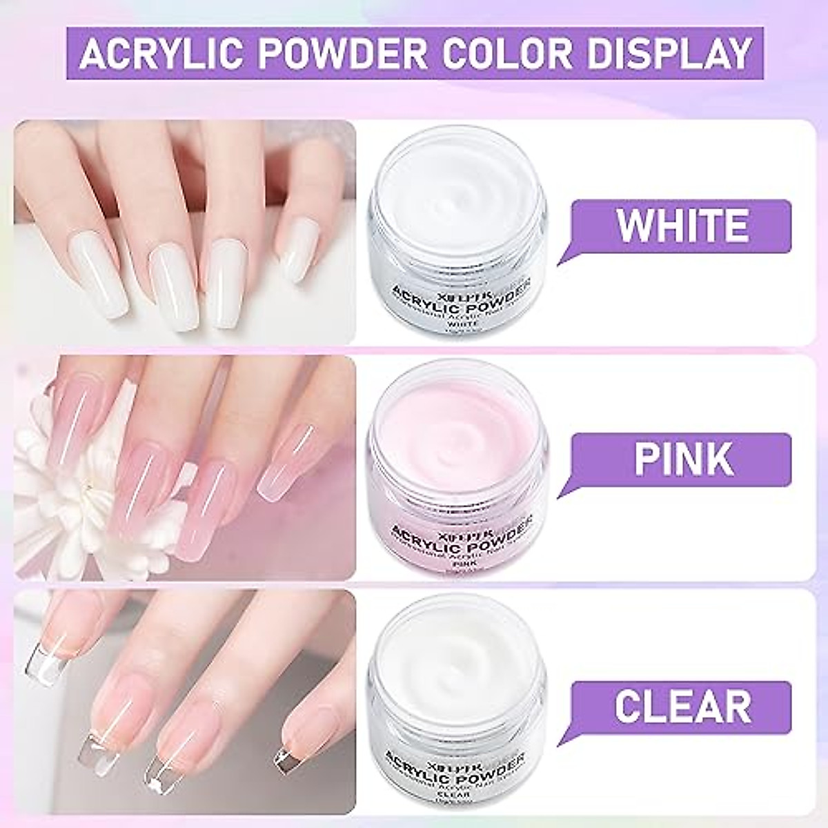 XIFEPFR Acrylic Nail Kit - Clear White Pink Acrylic Powder and Acrylic Liquid Set with Acrylic Nail Brush Nail Forms Glass Cup Beginner Acrylic Nail Kit for Nail Extension Carving Salon Home DIY