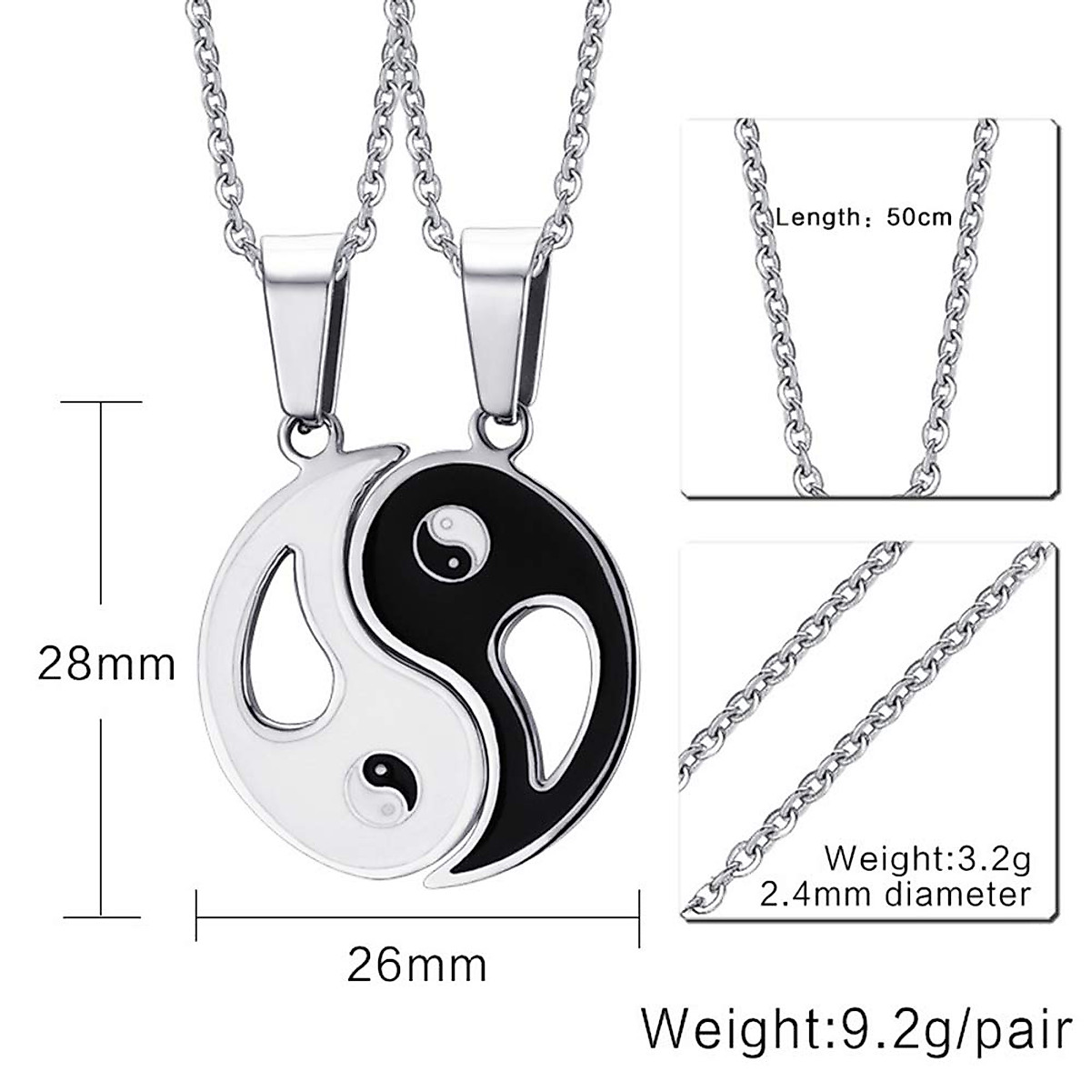 NewZenro 2 Pieces Yin Yang Bff Couples Pendant Necklace Chain for Women Mens Boys Personalized Matching Puzzle Diagrams Stainless Steel Necklaces 19.6" Gifts for Girlfriend Boyfriend Birthday Sister Xmas