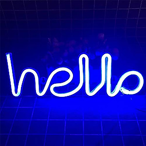 QiaoFei LED Hello Neon Word Sign Neon Letters Light Art Decorative Lights, Marquee Signs/Wall Decor for Christmas, Birthday Party, Kids Room, Living Room,Wedding Party Supplies(Blue Hello)