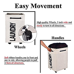 Haundry 86L Large Collapsible Laundry Hamper with Wheels, Rolling Large Clothes Hamper Basket, Wheeled Dirty Clothes Storage Bin, Beige
