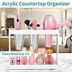HIIMIEI Hair Tool Organizer, White Acrylic Blow Dryer and Curling Iron Holder, 2 Tier Bathroom Counter Storage, Vanity hairdryer Stand for Lotion Makeup Cosmetics Perfume Makeup Toiletries
