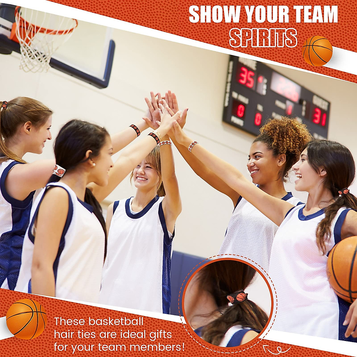 Hanaive 20 Pcs Basketball Hair Ties Basketball Hair Bands Elastic Ponytail Holders No Crease Ribbon Basketball Hair Accessories for Party Team