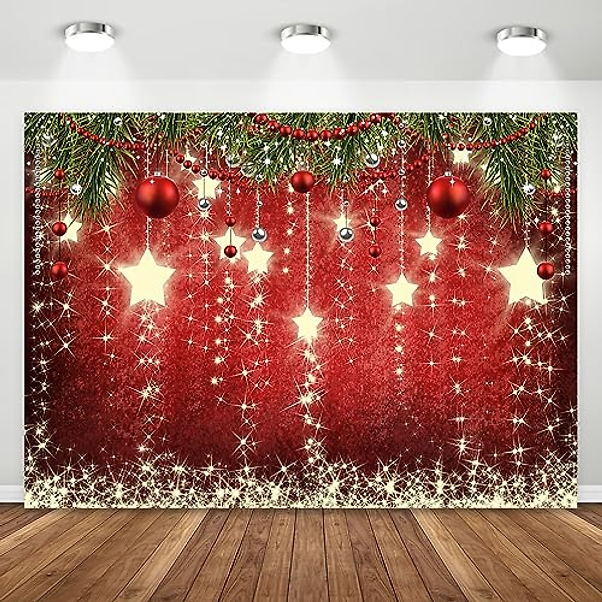 7x5ft Red Christmas Backdrop Sparkling Stars Christmas Backdrops for Pictures Glittering Stars Christmas Photo Backdrop New Year Christmas Photography Backdrop for Party Decorations