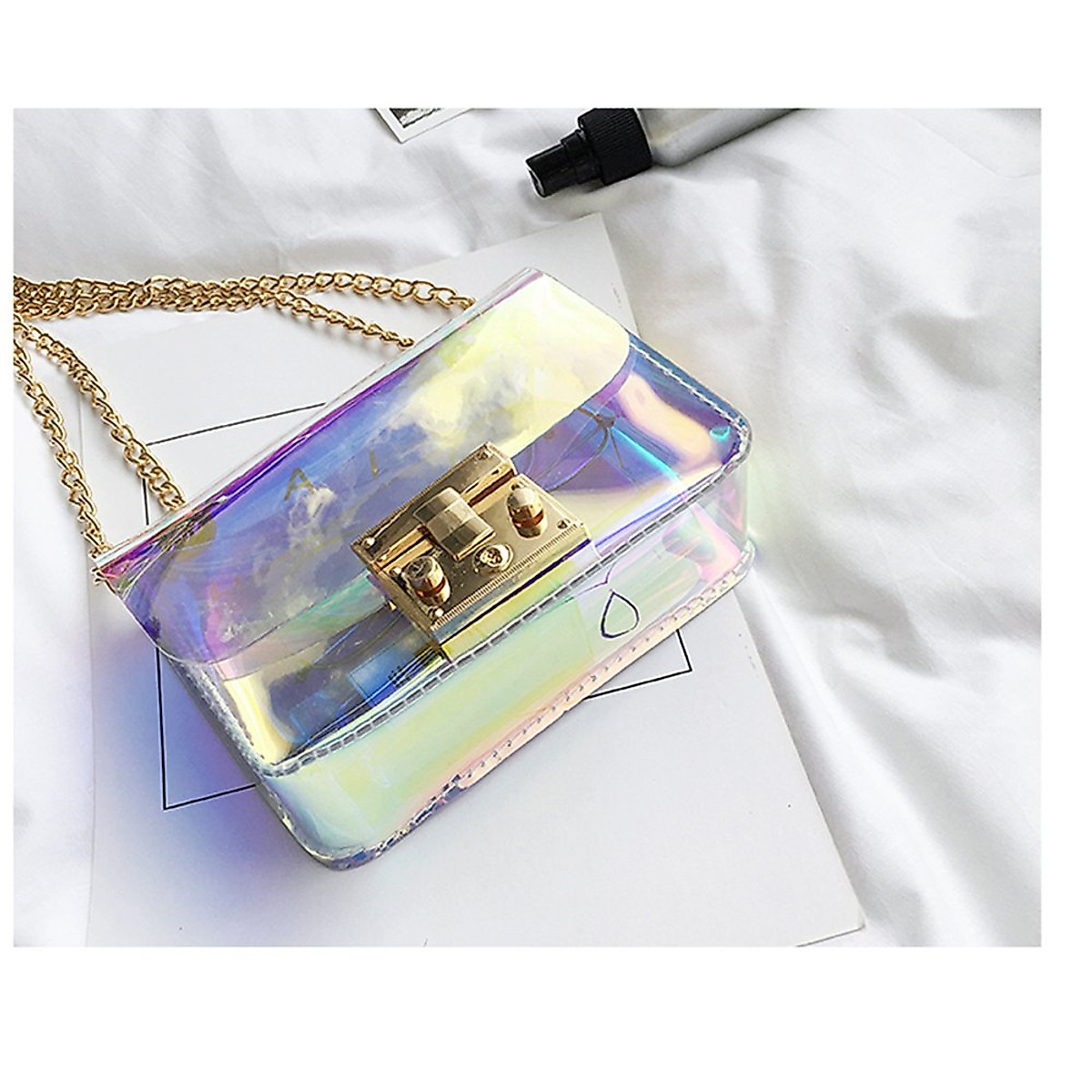 Holographic Clear Purse Crossover Shoulder Messenger Bag Laser Sling Purse with Golden Chain, Transparent