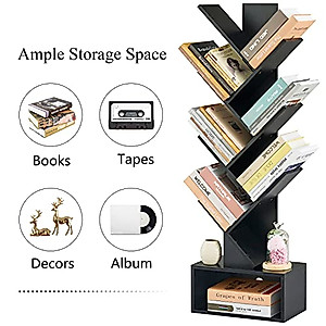 Hoctieon 6 Tier Tree Bookshelf, 6 Shelf Bookcase with Drawer, Free Standing Tree Bookcase, Display Floor Standing Shelf for Books, Book Organizer Shelves for Home Office, Black